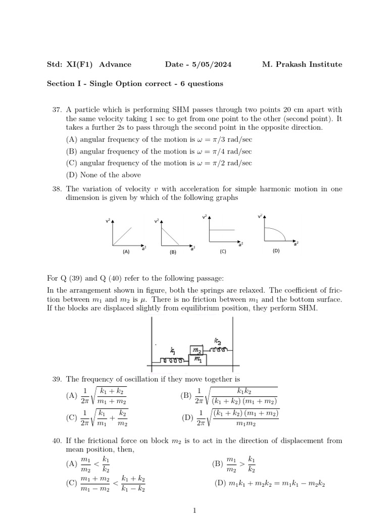 SHM Questions for XI Physics Exam | PDF | Physical Quantities | Physics