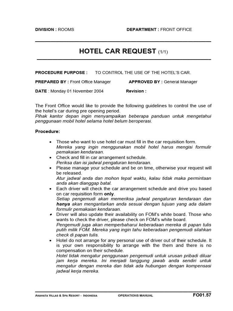 SOP FO 01.57 Hotel Car Request | PDF