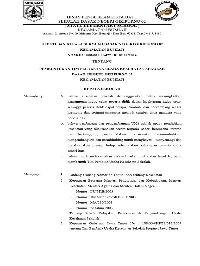 Contoh SK Tim Pembina Uks Lembaga | PDF