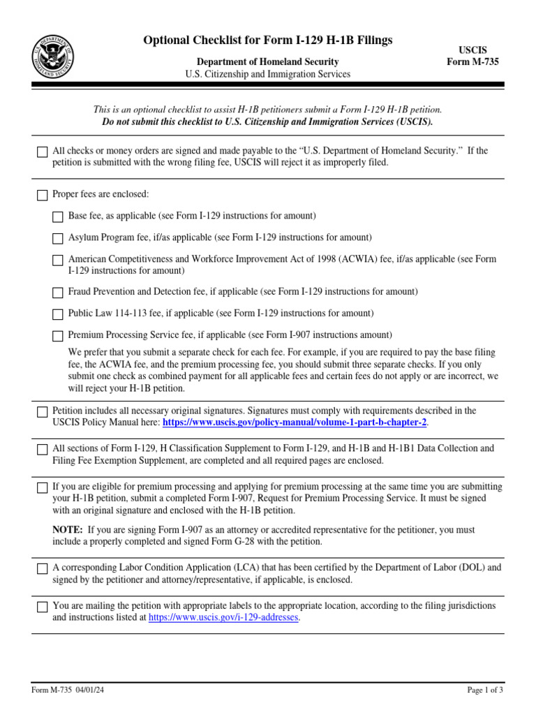 Optional Checklist For Form I-129 H-1B Filings | PDF | H 1 B Visa ...