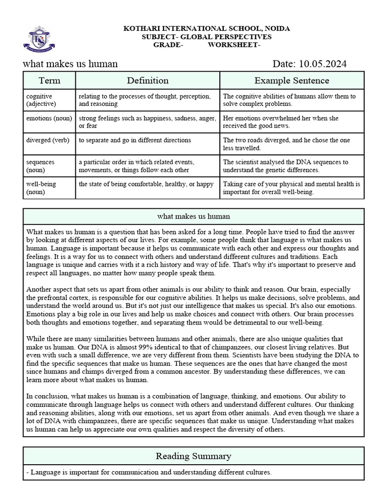What Makes Us Human - Substitution Worksheet | PDF | Emotions | Thought