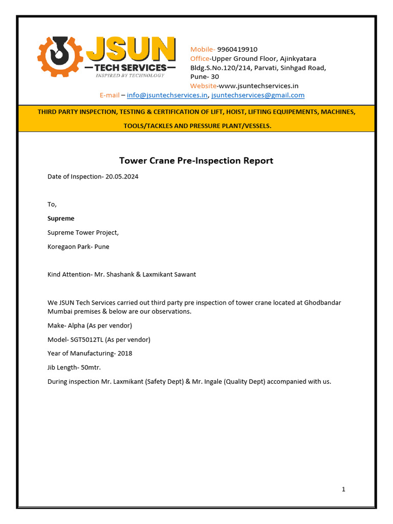 Supreme - TC - Pre Inspection Report | PDF | Crane (Machine ...