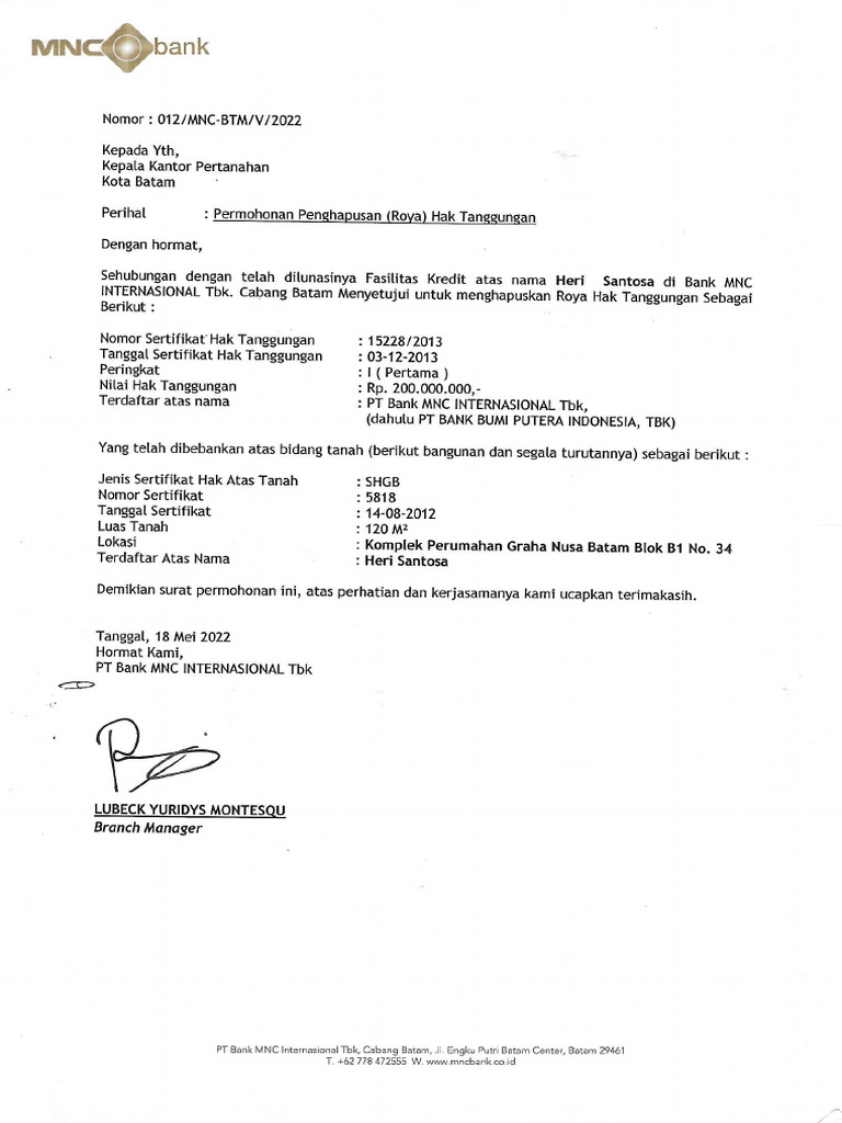 Permohonan Penghapusan Roya | PDF