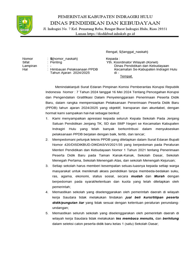 Surat PPDB TAHUN 2023 KE KORWIL - Pelaksanaan 2024 | PDF