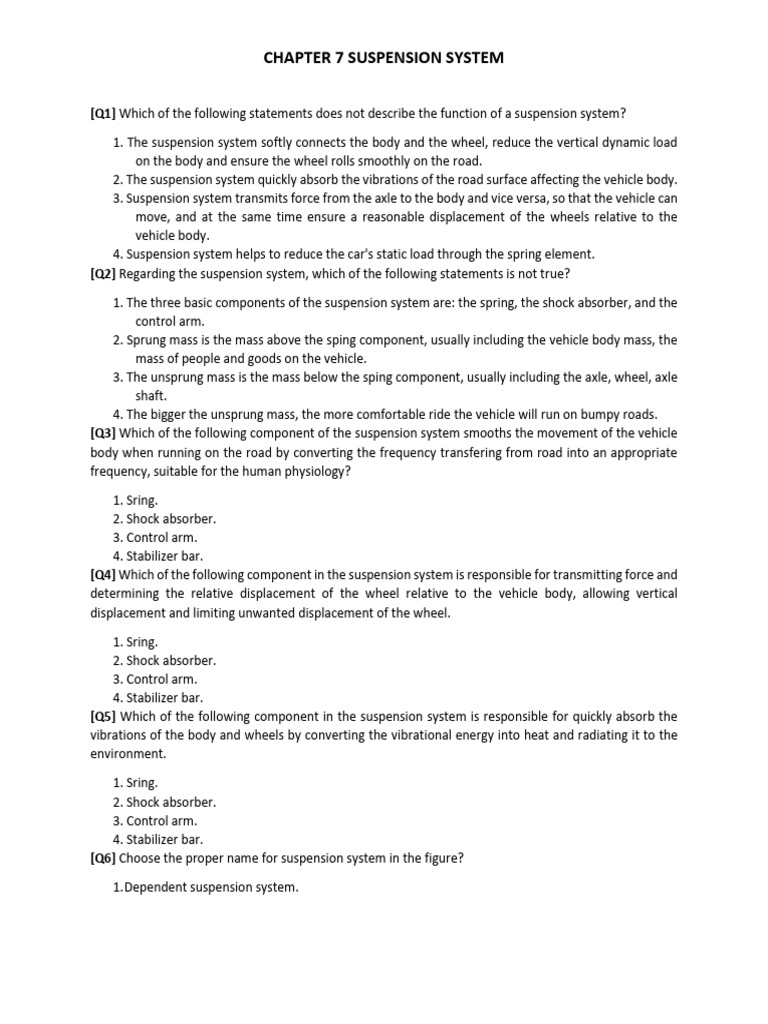 Suspension System Quiz Guide | PDF | Axle | Vehicles