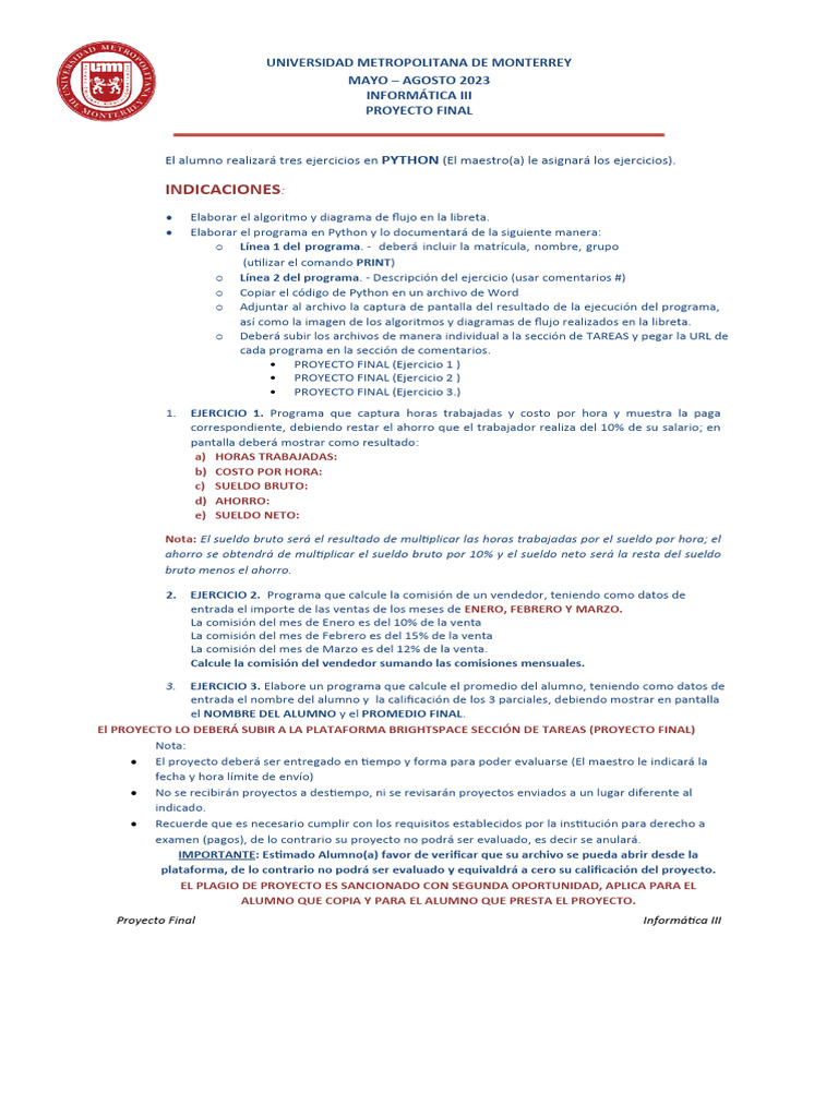 Proyecto1 Final Informática III (Python) Mayo - Agosto 23 | PDF ...