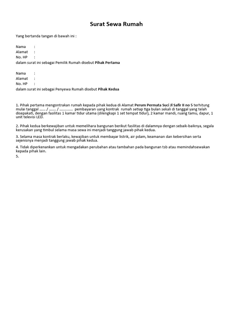 Surat Sewa Rumah | PDF