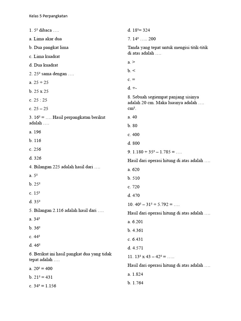 Soal Perpangkatan Kelas 5 | PDF
