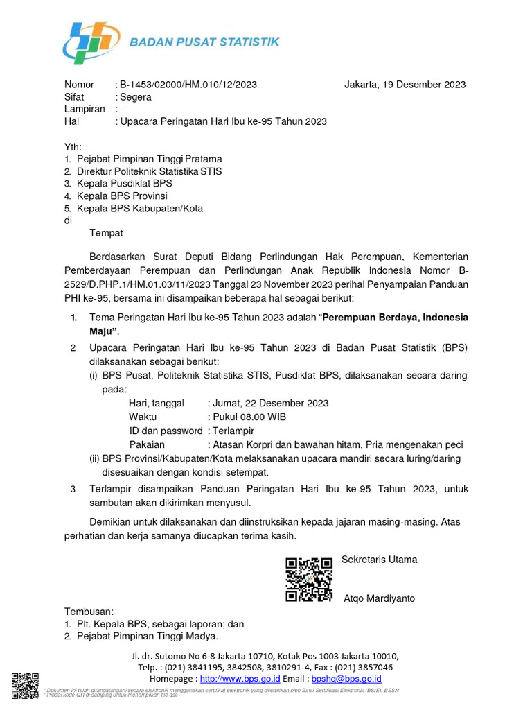 B-1453.02000 Surat Upacara Peringatan Hari Ibu 22 Desember 2023 Plus Lampiran | PDF