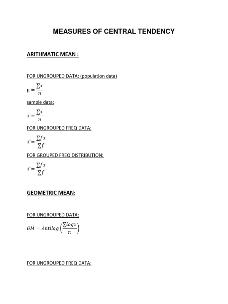 Measures of Central Tendency and Dispersion Formulas | PDF | Mean ...