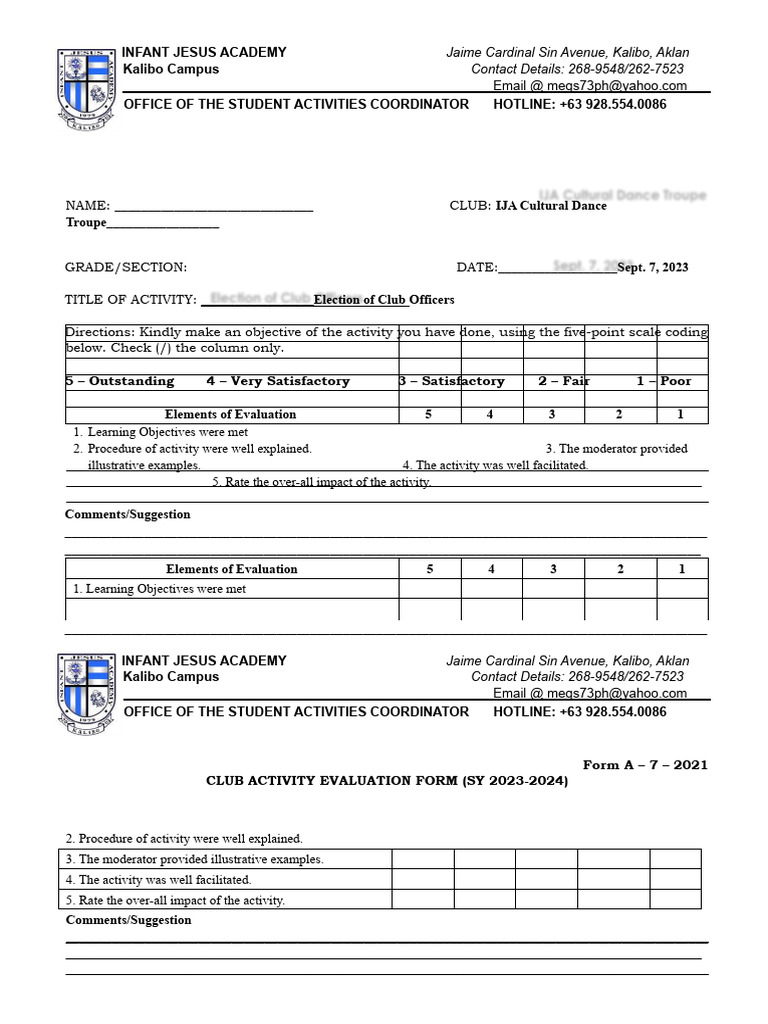 Student Activity Evaluation Form Ija Cultural Dance Troupe | PDF