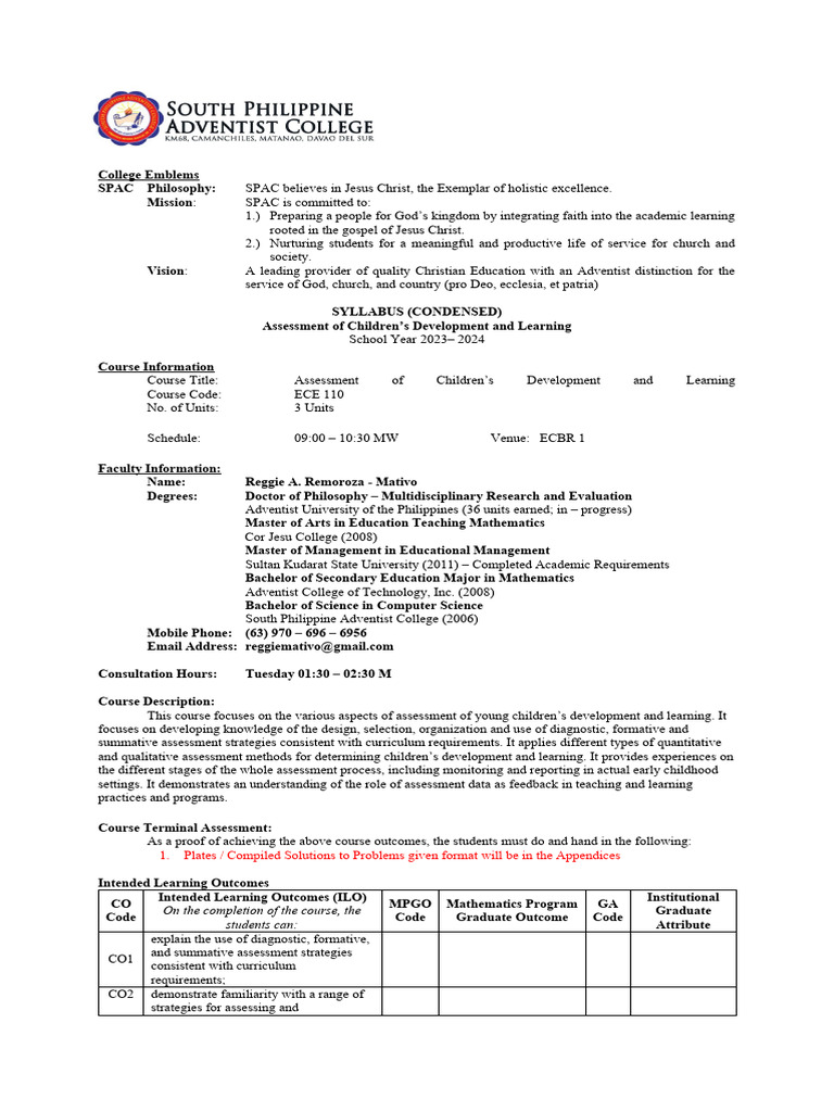 Condensed Syllabus For Assessment of Children's Development | PDF ...