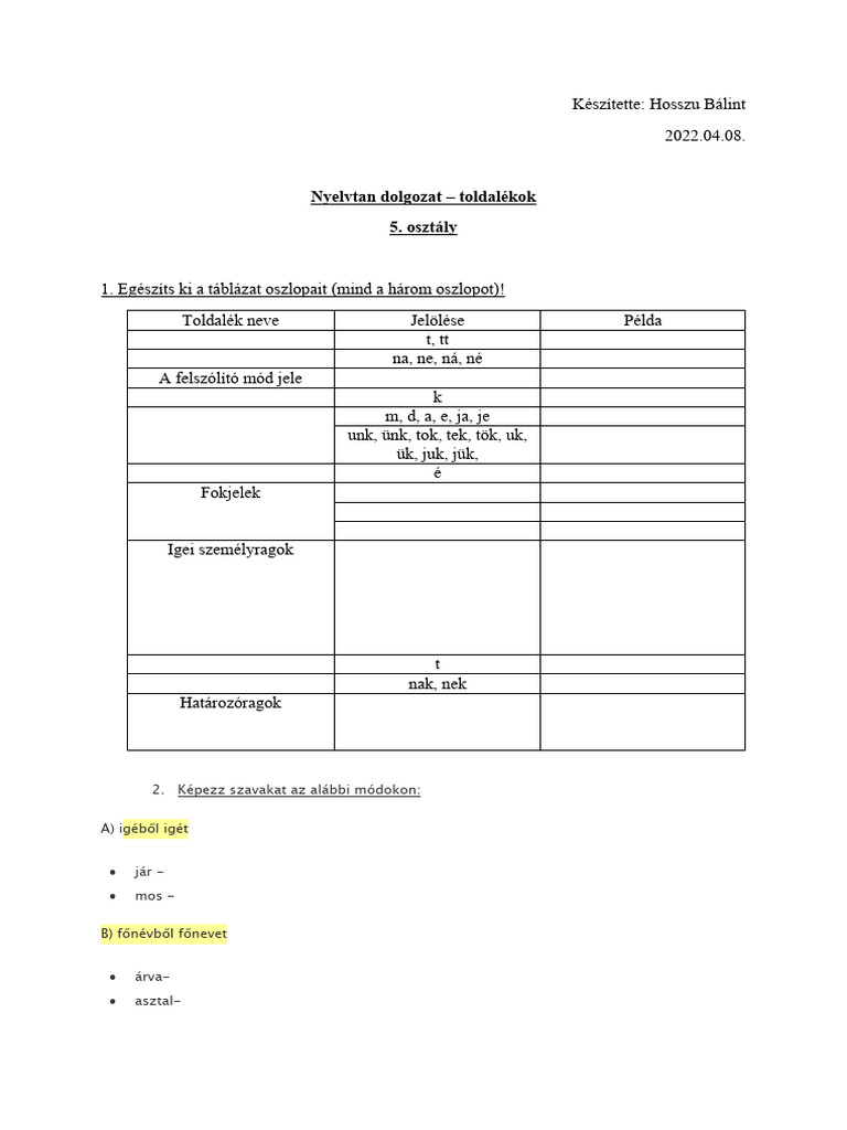 Nyelvtan Dolgozat 5. Osztály 2022.04.07. | PDF
