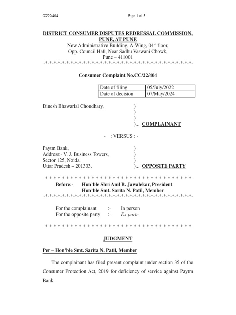Dinesh Bhawarlal Choudhary V Paytm Bank 1 | Download Free PDF | Complaint | Public Law