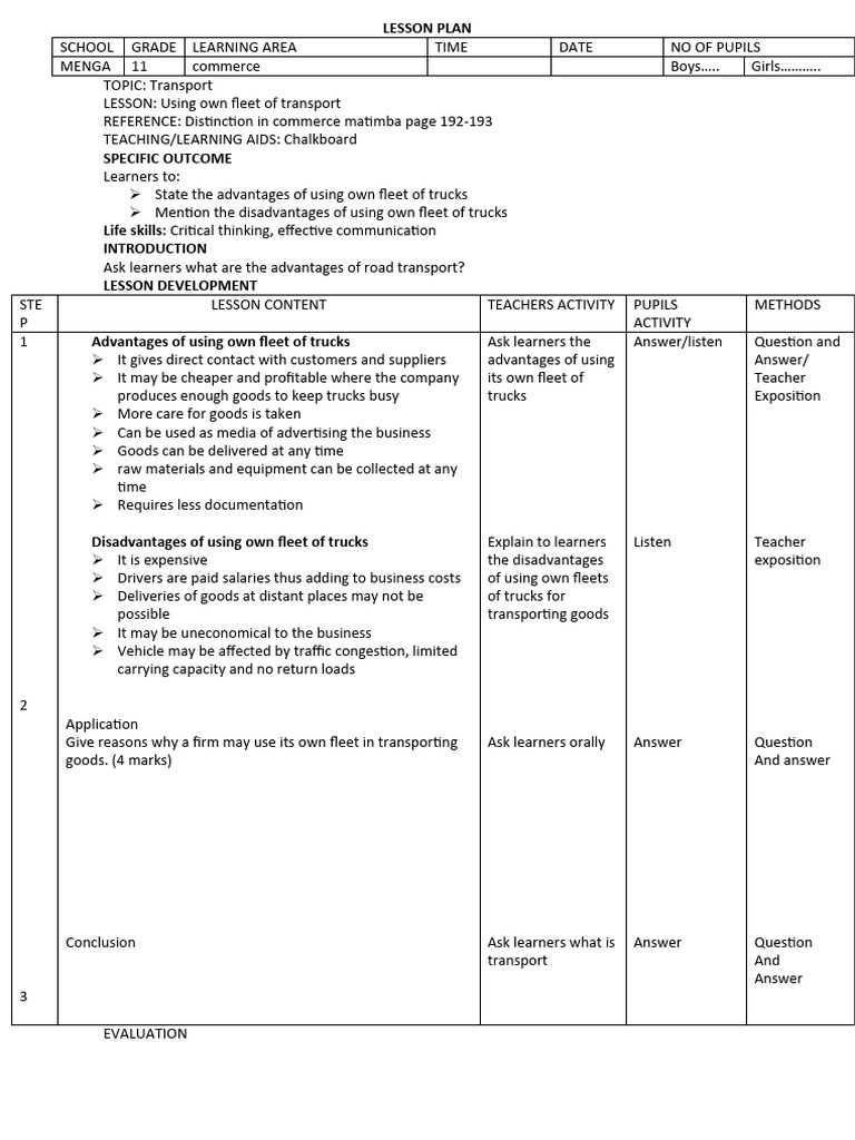 Transport Lesson Plan 3 | PDF | Learning | Truck