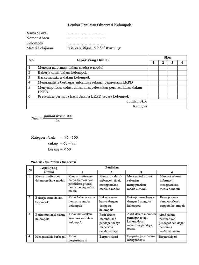 Lembar Penilaian Observasi Kelompok | PDF