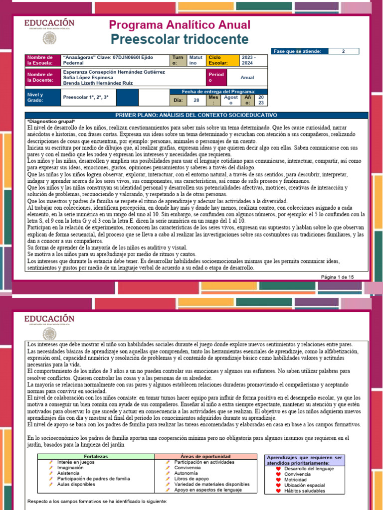 Programa Analítico Preescolar Tridocente | PDF | Aprendizaje | Educación de la primera infancia