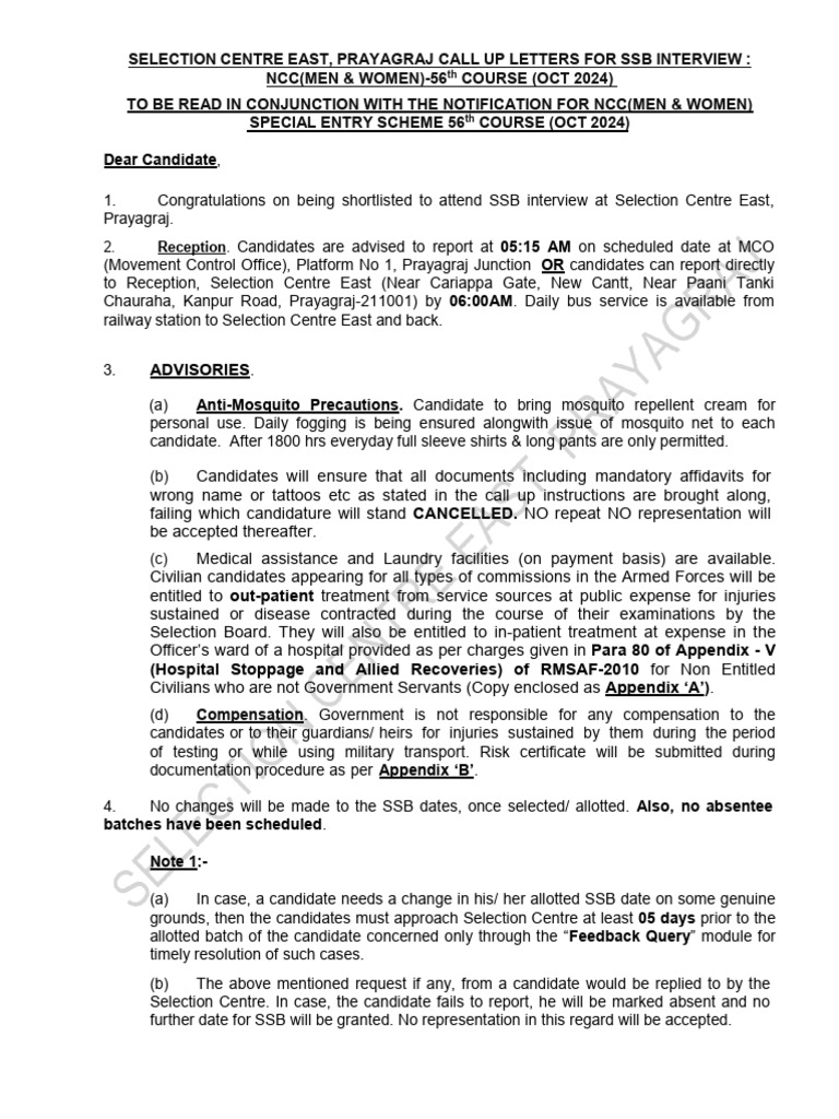 Call Up Letter Sce Prayagraj For SSC NCC Men 56 Course | PDF | Identity Document
