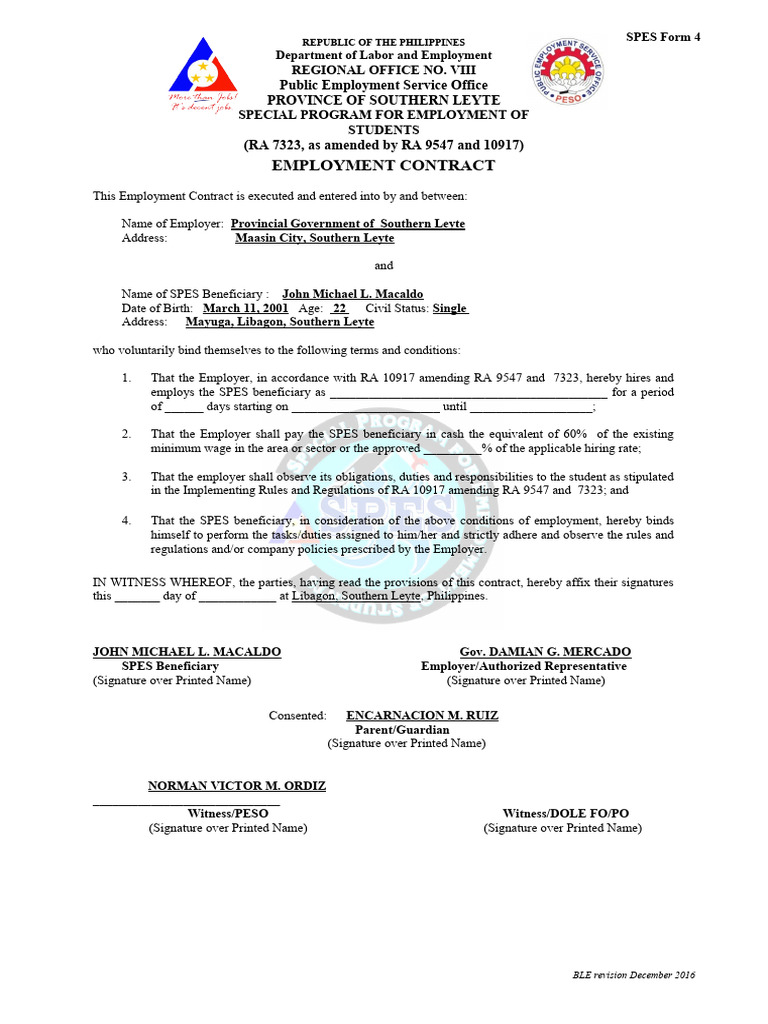 Province SPES FORM 4 EMPLOYMENT CONTRACT - Dec2016final 2 | PDF ...