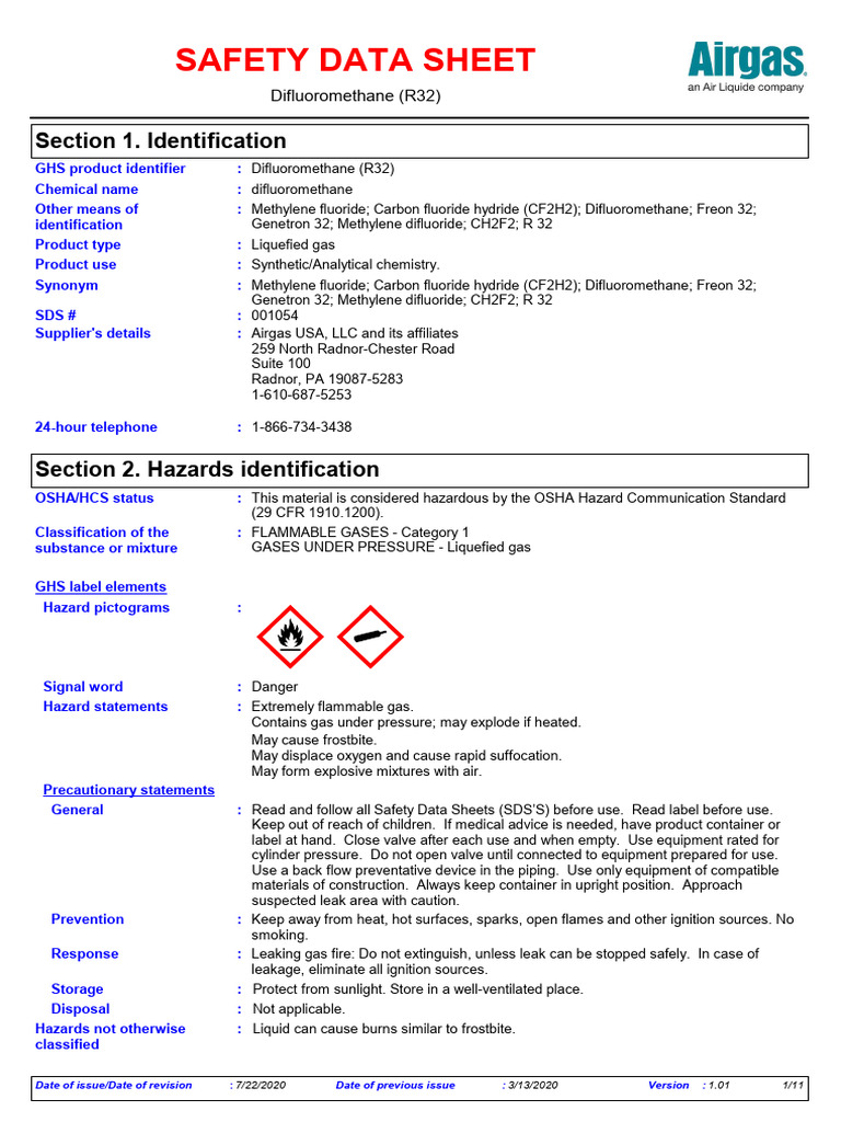 SDS R32 | PDF | Personal Protective Equipment | Waste Management