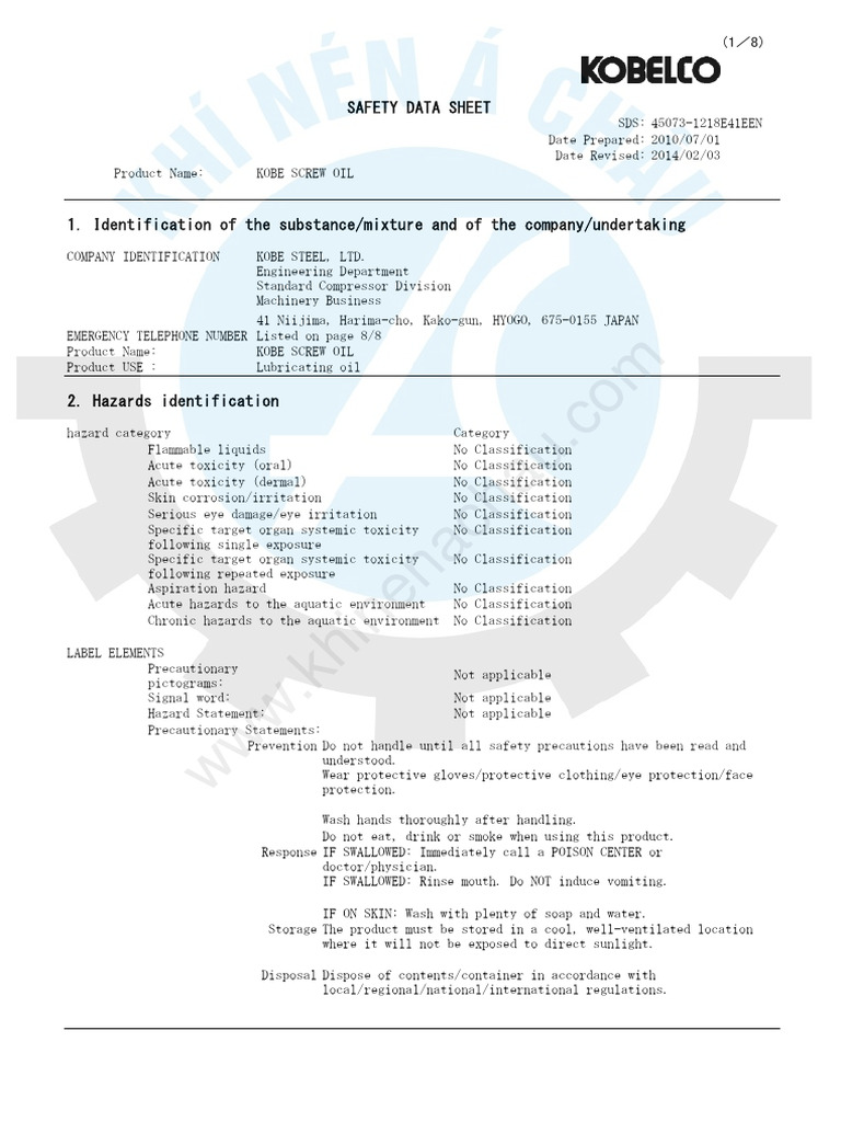 MSDS Kobelco Screw Oil | PDF | Toxicity | Working Conditions
