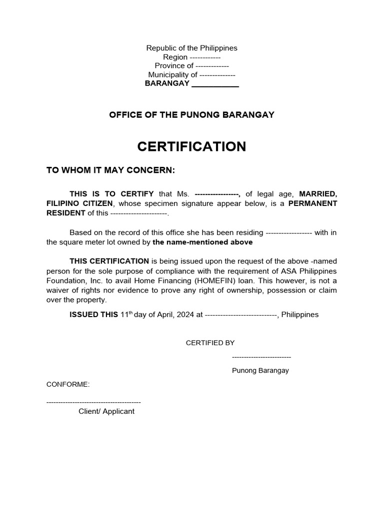 Certification of Home Financing (HOMEFIN) Loan | PDF