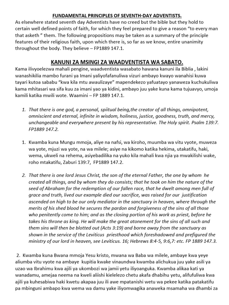 Kanuni Za Msingi Za Waadventista Wasabato | PDF | Baptism ...