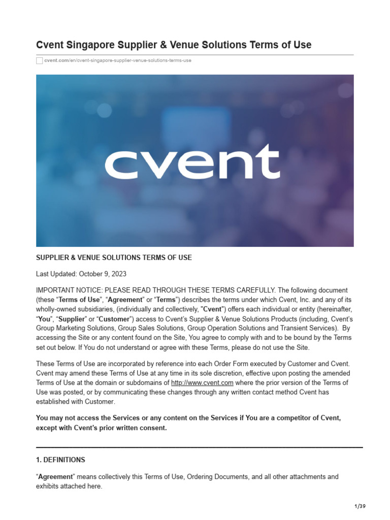 Cvent Singapore Supplier & Venue Solutions Terms of Use 20240326 | PDF | Indemnity | Software As ...