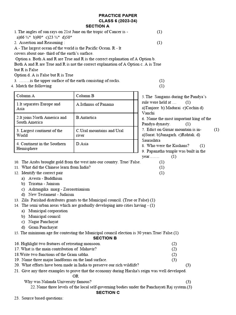 Class 6 SAMPLE QUESTION PAPER 2024 | PDF | Earth Sciences