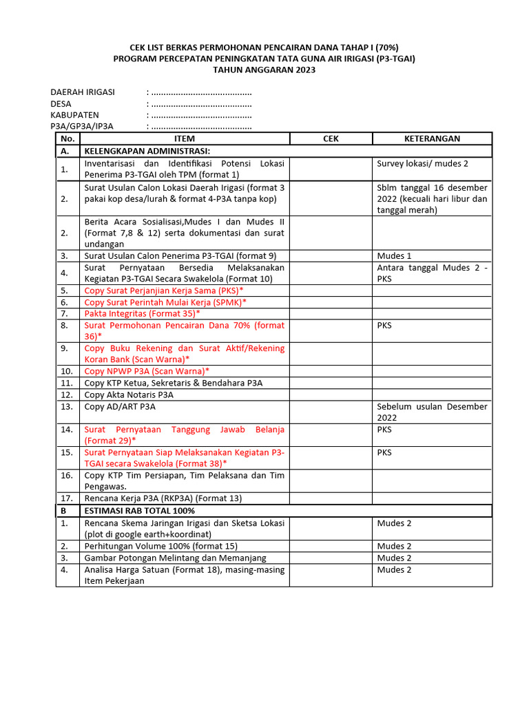 Cek List Pencairan Dana P3-TGAI 2023 | PDF