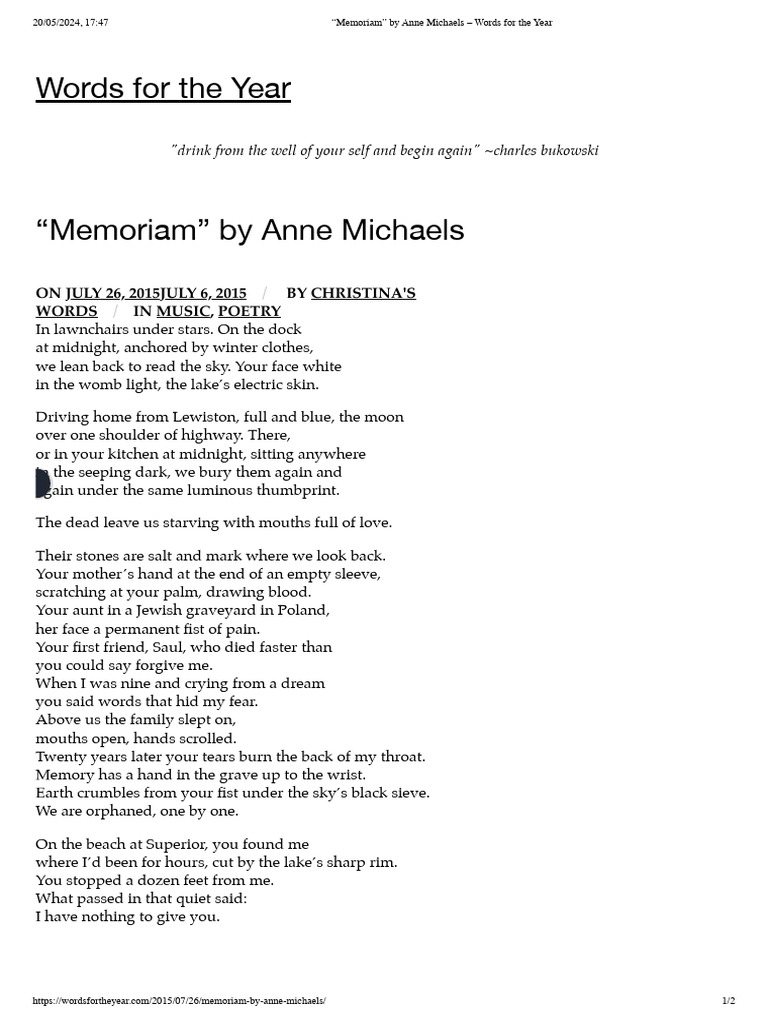 Anne Michaels' "Memoriam" Poem Analysis | PDF