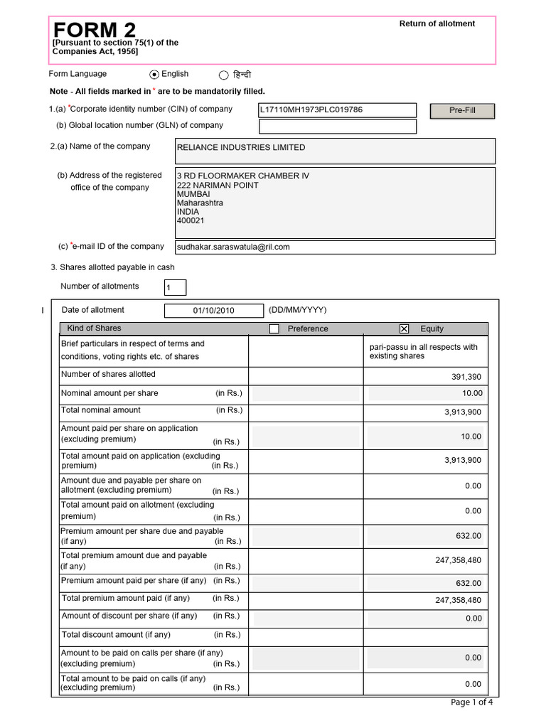Return of Allotment Form for Companies | PDF | Equity (Finance) | Corporations