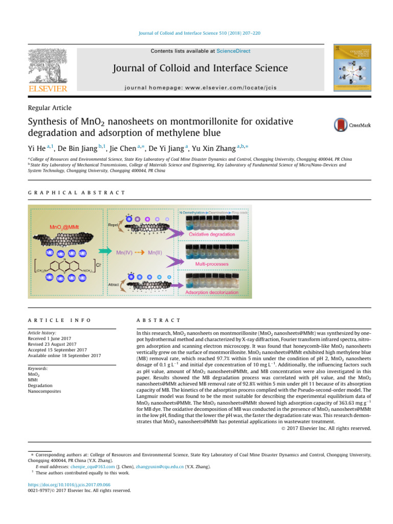 Journal of Colloid and Interface Science: Yi He, de Bin Jiang, Jie Chen, de Yi Jiang, Yu Xin ...