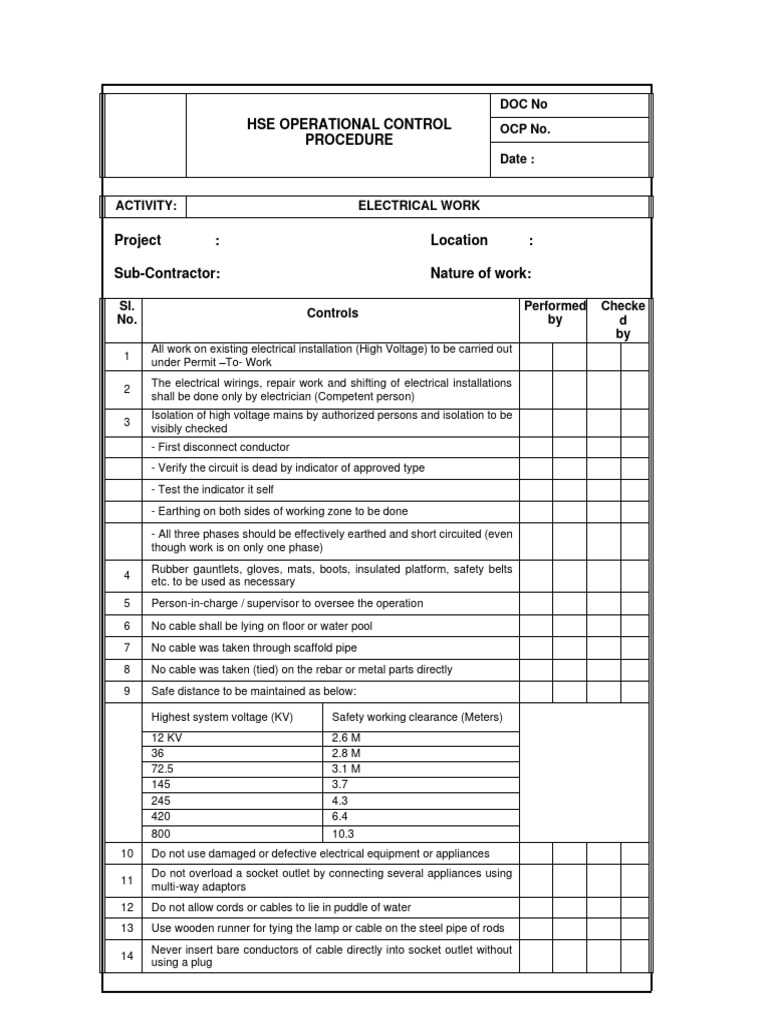 HSE Operational Control Procedure For Electrical Work | PDF ...