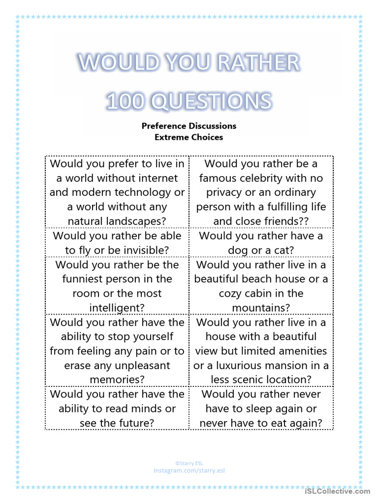 100 - Would You Rather - Questions (Speaking Cards) | PDF