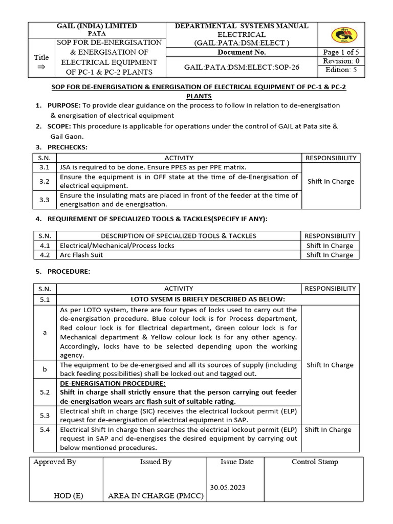 Sop-26 Deenergisation Energisation of Electrical Equipments | Download ...