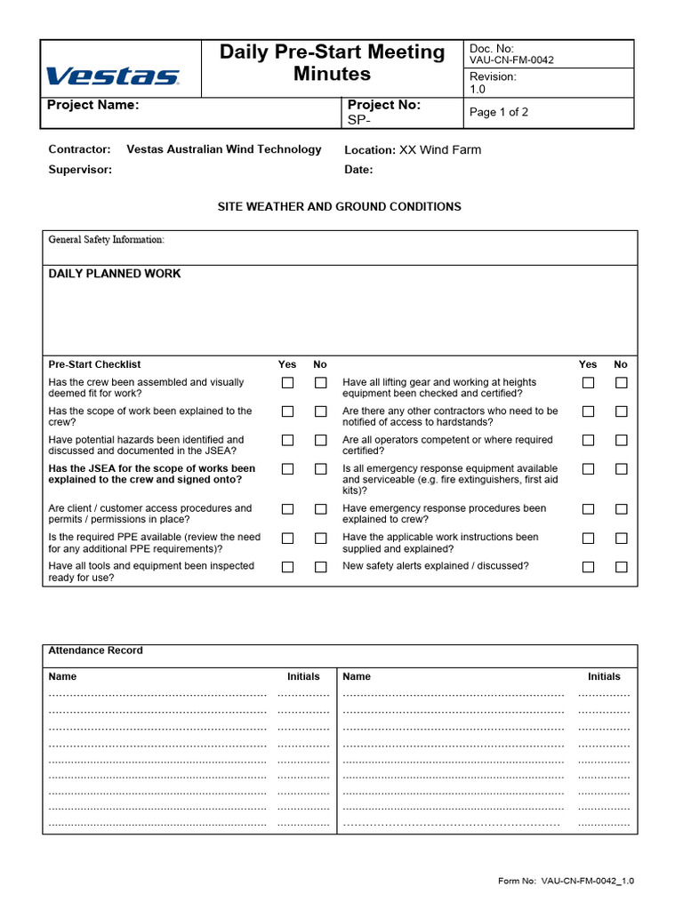 VAU CN FM 0042 Prestart Form | PDF | Safety