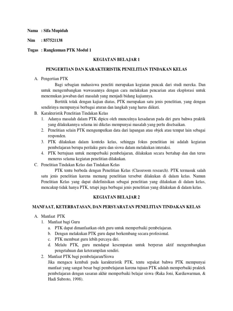 Rangkuman PTK Modul 1 - SIFA MUPIDAH PDF | PDF | Karier & Perkembangan