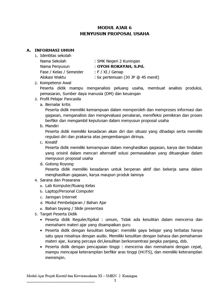 Modul Ajar 6 - Proposal Usaha | PDF | Karier & Perkembangan | Bisnis