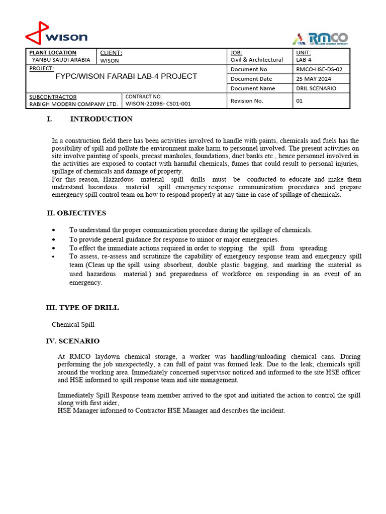 Chemical Spill Mock Drill Scenario | PDF | Emergency | Occupational ...