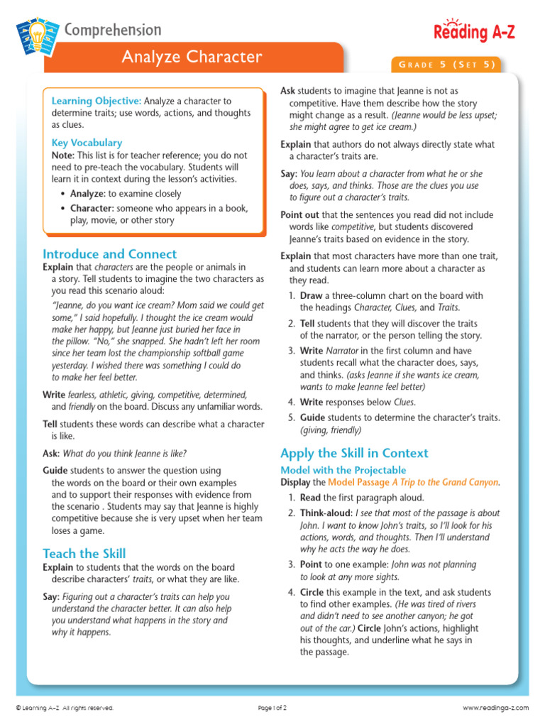 CP gr5 Analyze Char Teacher Lesson Plan | Download Free PDF | Reading ...