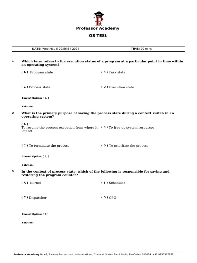 OS TESt -1 | PDF | Process (Computing) | Scheduling (Computing)