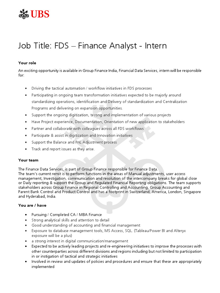 FDS-Intern-JD - Hyderabad - CA MBA | PDF | Ubs | Business
