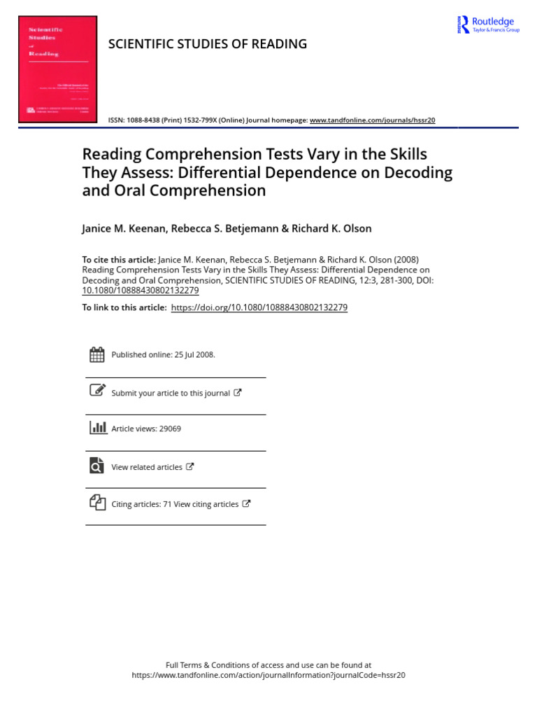 Reading Comprehension Tests Vary in The Skills They Assess Differential ...