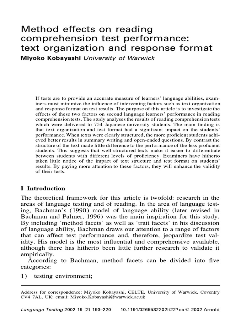 Kobayashi 2002 Method Effects On Reading Comprehension Test Performance Text Organization And