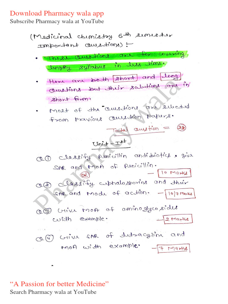 Medicinal Chemistry 6th Semester Important Questions Shahruddin | PDF ...