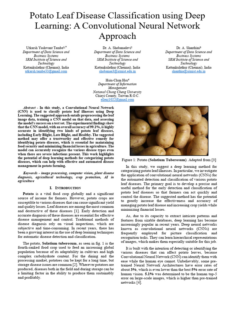 Potato Leaf Disease Detection Via Cnn Pdf Deep Learning Artificial Neural Network