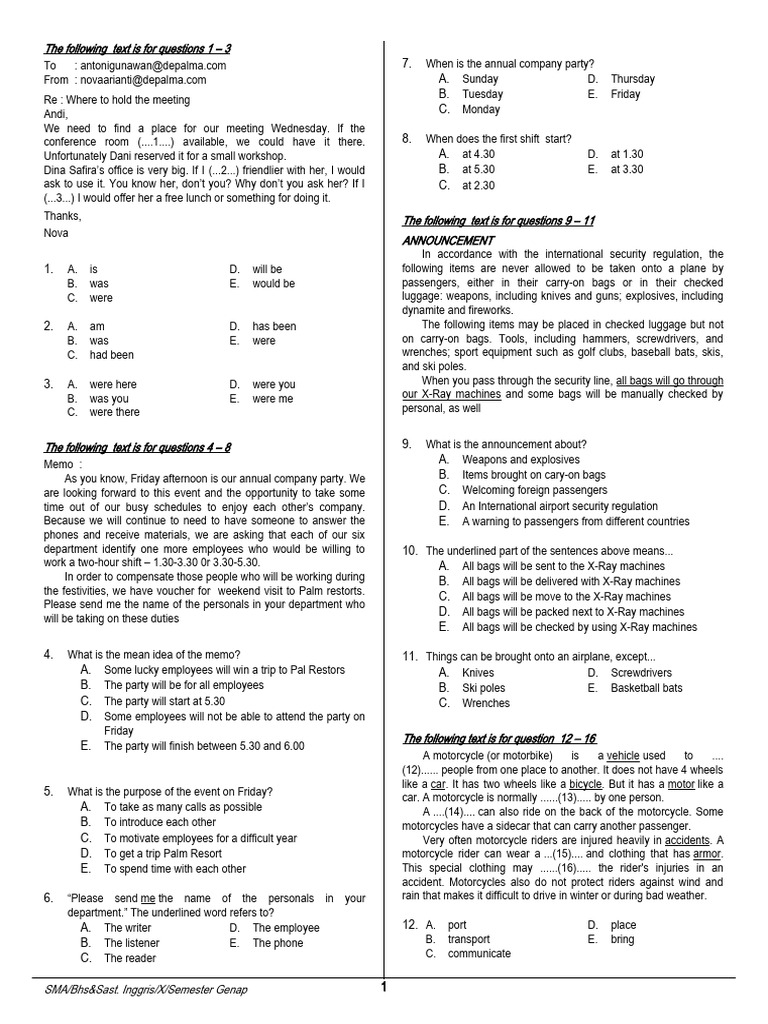 Soal PAT Kelas 10 B. Sastra Inggris | PDF | Motorcycle | Baggage