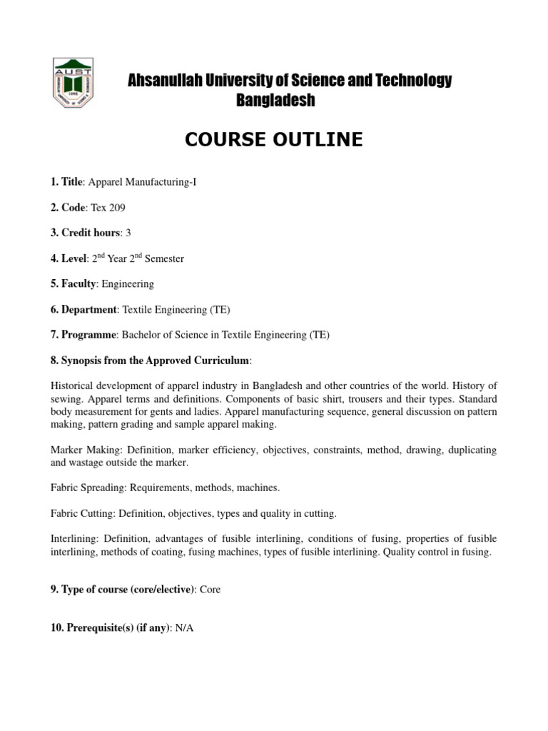 Apparel Manufacturing Course Outline | PDF | Engineering | Knowledge