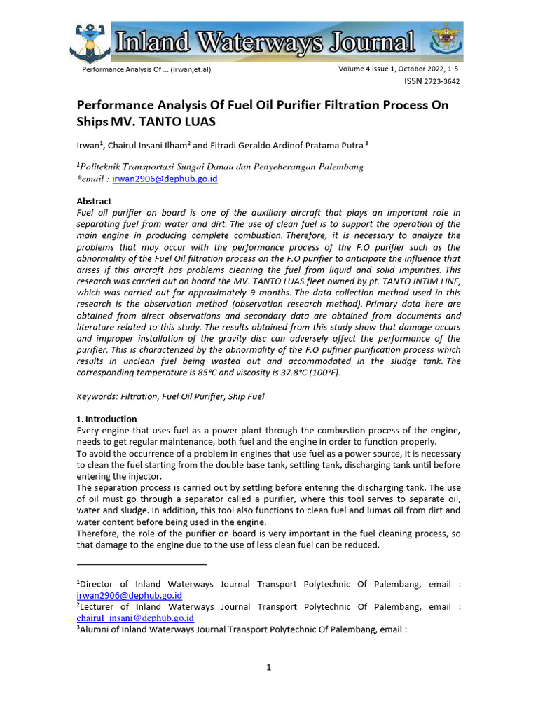Performance Analysis of Fuel Oil Purifier Filtration Process On Ships ...